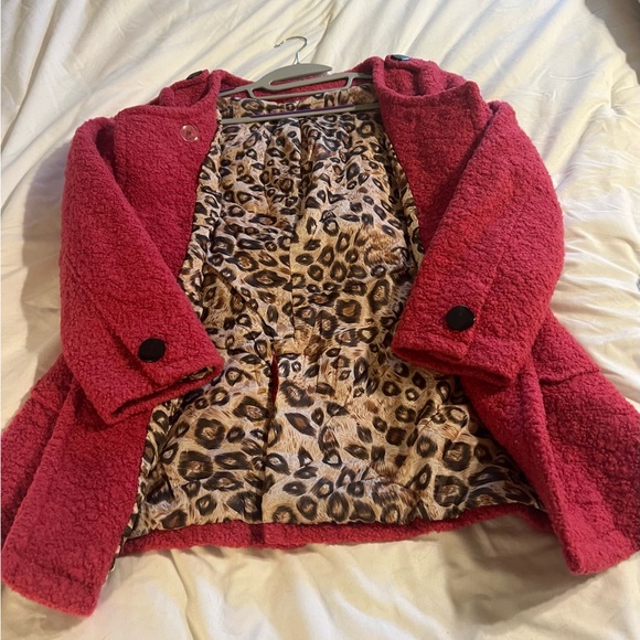 Jackets & Coats | Super Cute Heavy Wool Coat Pink With Leopard Print ...